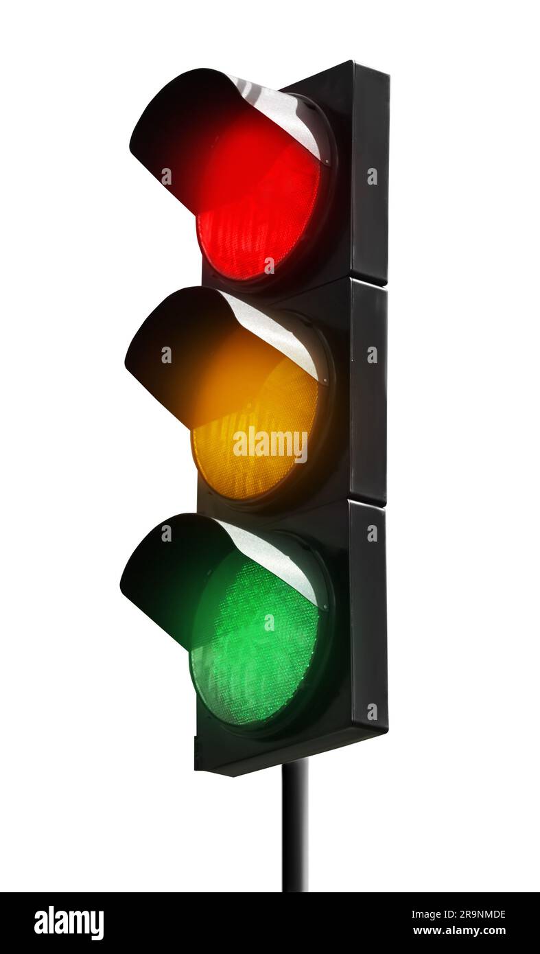 Traffic signal with three lights isolated on white Stock Photo - Alamy