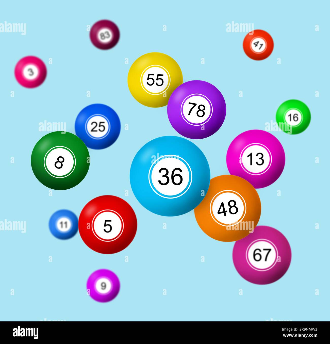 Many lottery balls falling on light blue background Stock Photo - Alamy