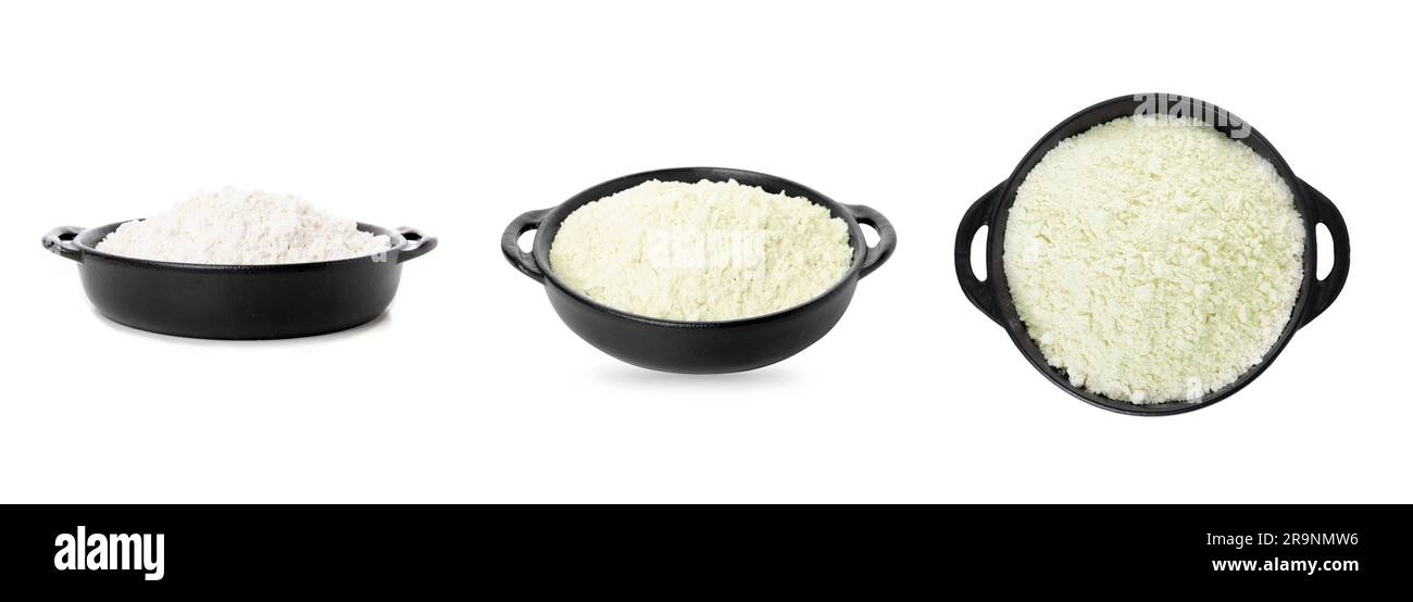 Black pan with mung bean flour on white background, different sides ...