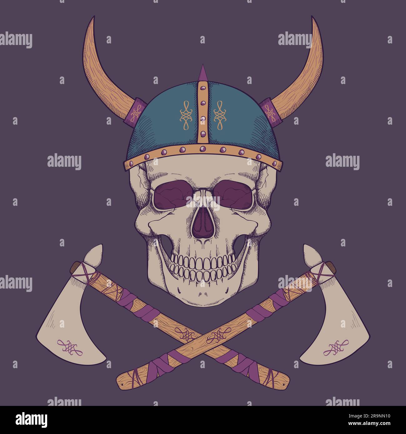 Vector illustration with axes and human skull wearing viking helmet ...
