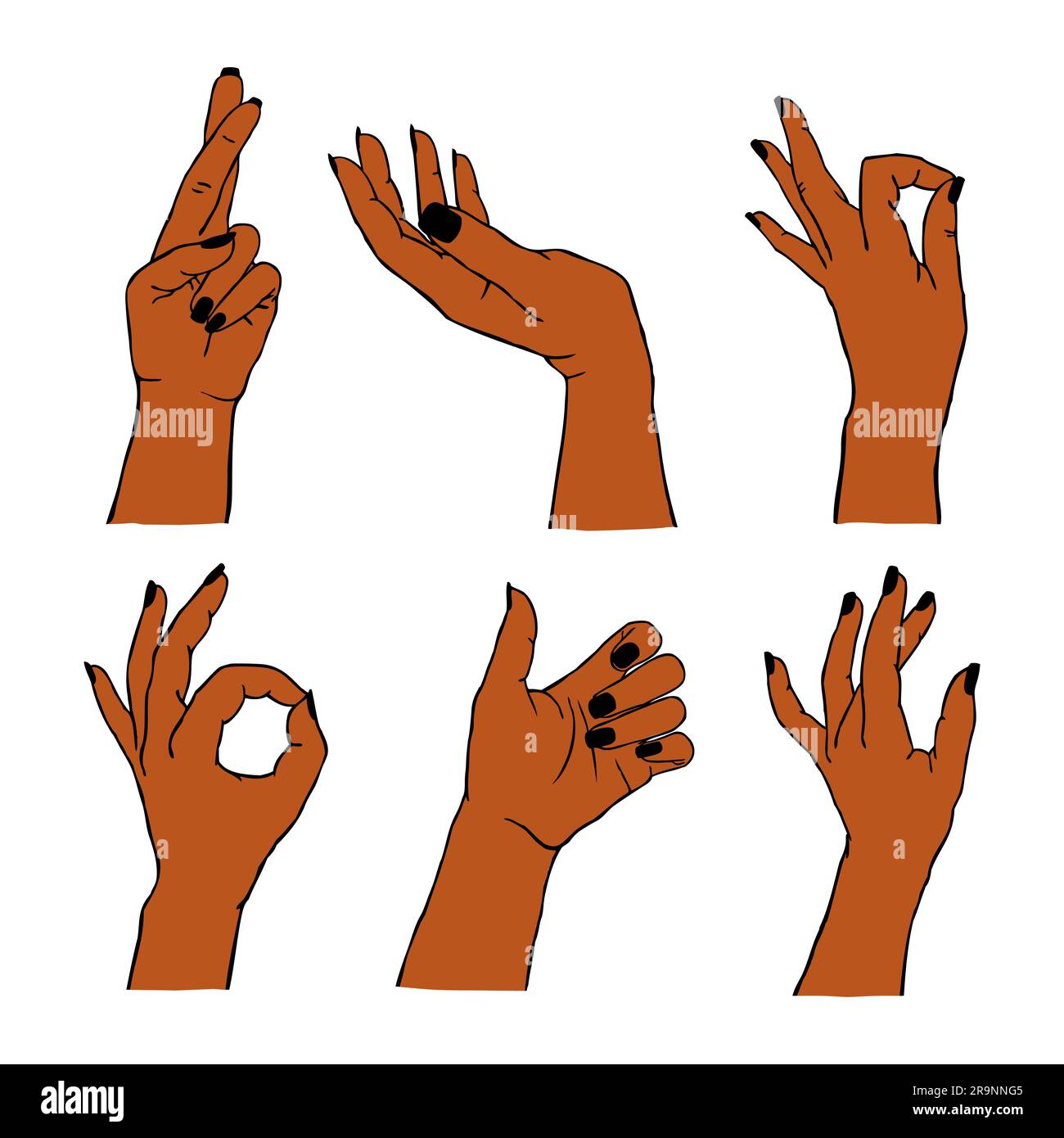 Vector set of different gestures isolated. Collection of afro american female hands in different ...