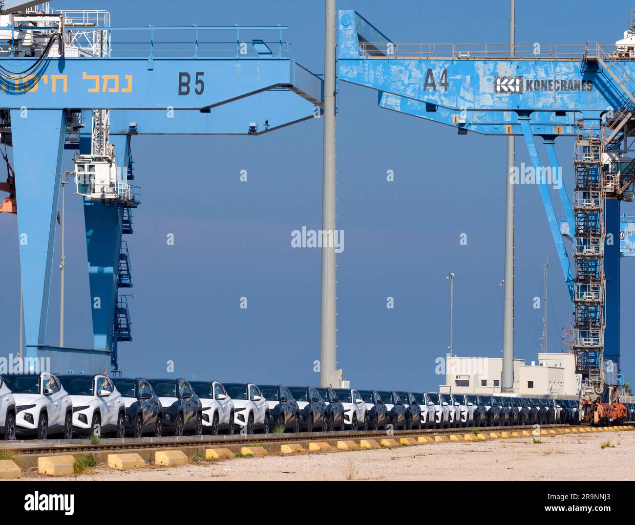 Lines of just-arrived imported cars on the dockside at Haifa, Israel ...