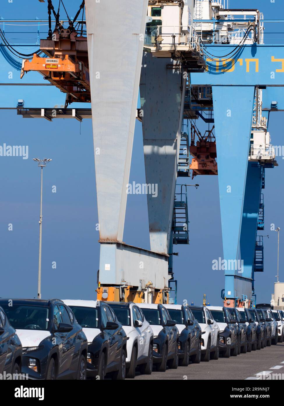 Lines of just-arrived imported cars on the dockside at Haifa, Israel ...