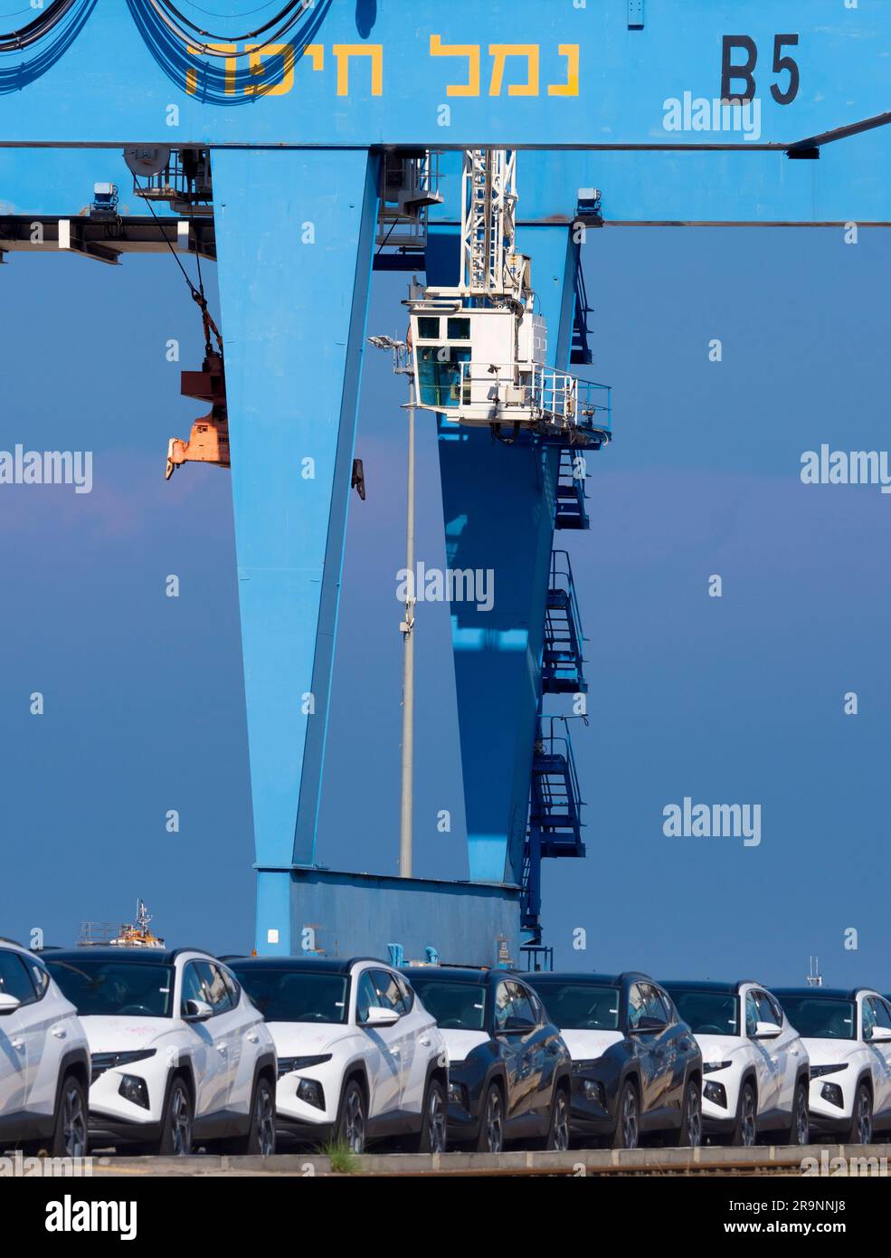 Lines of just-arrived imported cars on the dockside at Haifa, Israel ...