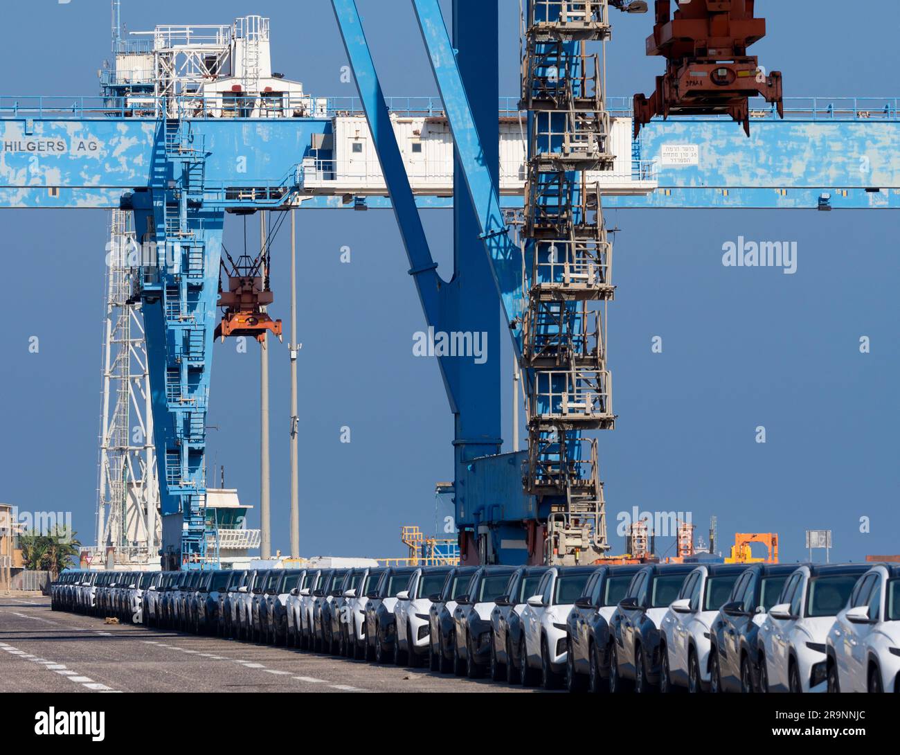 Lines of just-arrived imported cars on the dockside at Haifa, Israel ...