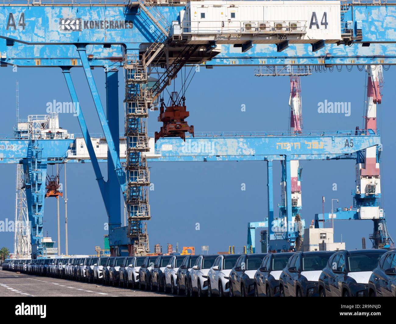 Lines of just-arrived imported cars on the dockside at Haifa, Israel ...