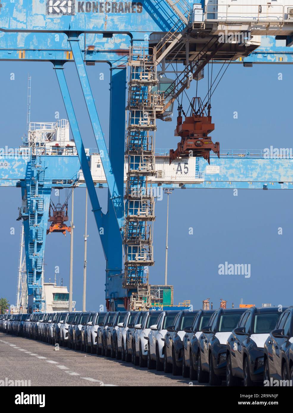 Lines of just-arrived imported cars on the dockside at Haifa, Israel ...
