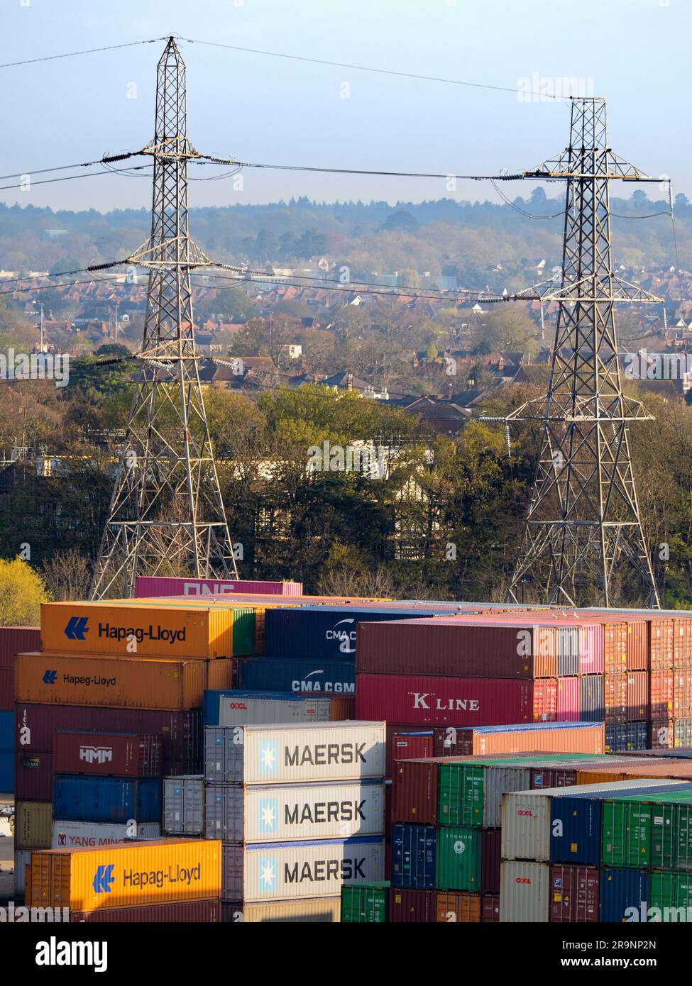 A view of the container port and electricity pylons by Southampton ...
