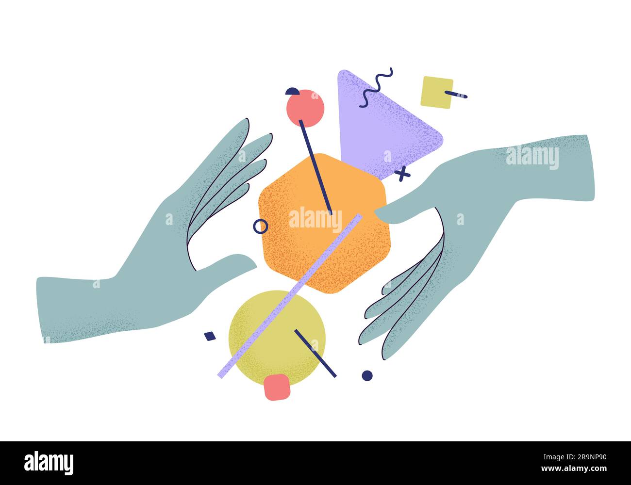 Vector illustration of cartoon human hands holding abstract geometric ...