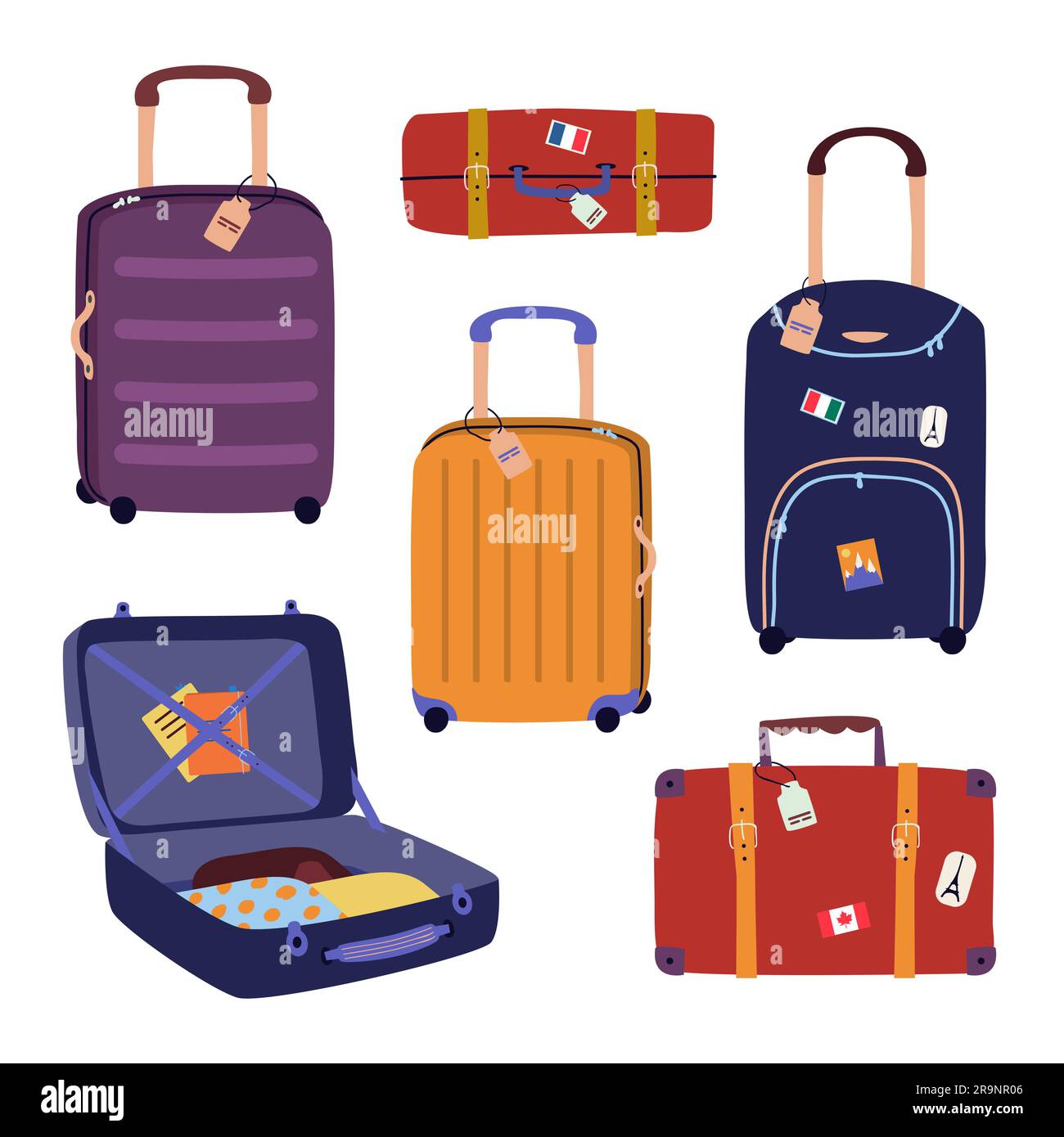 Vector set with travel luggage, bags, suitcases. Trendy colorful ...