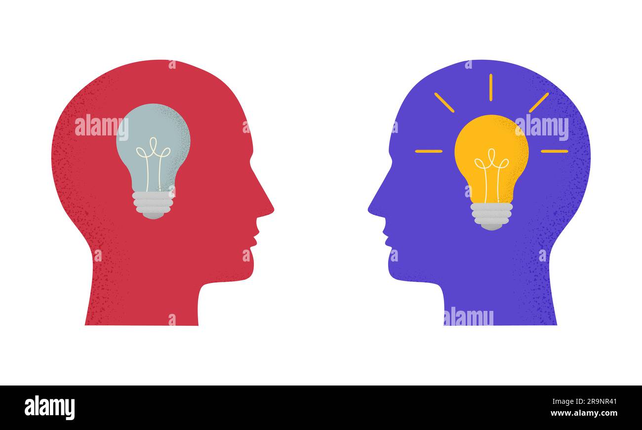 Vector illustration with two human heads and light bulbs on and off ...