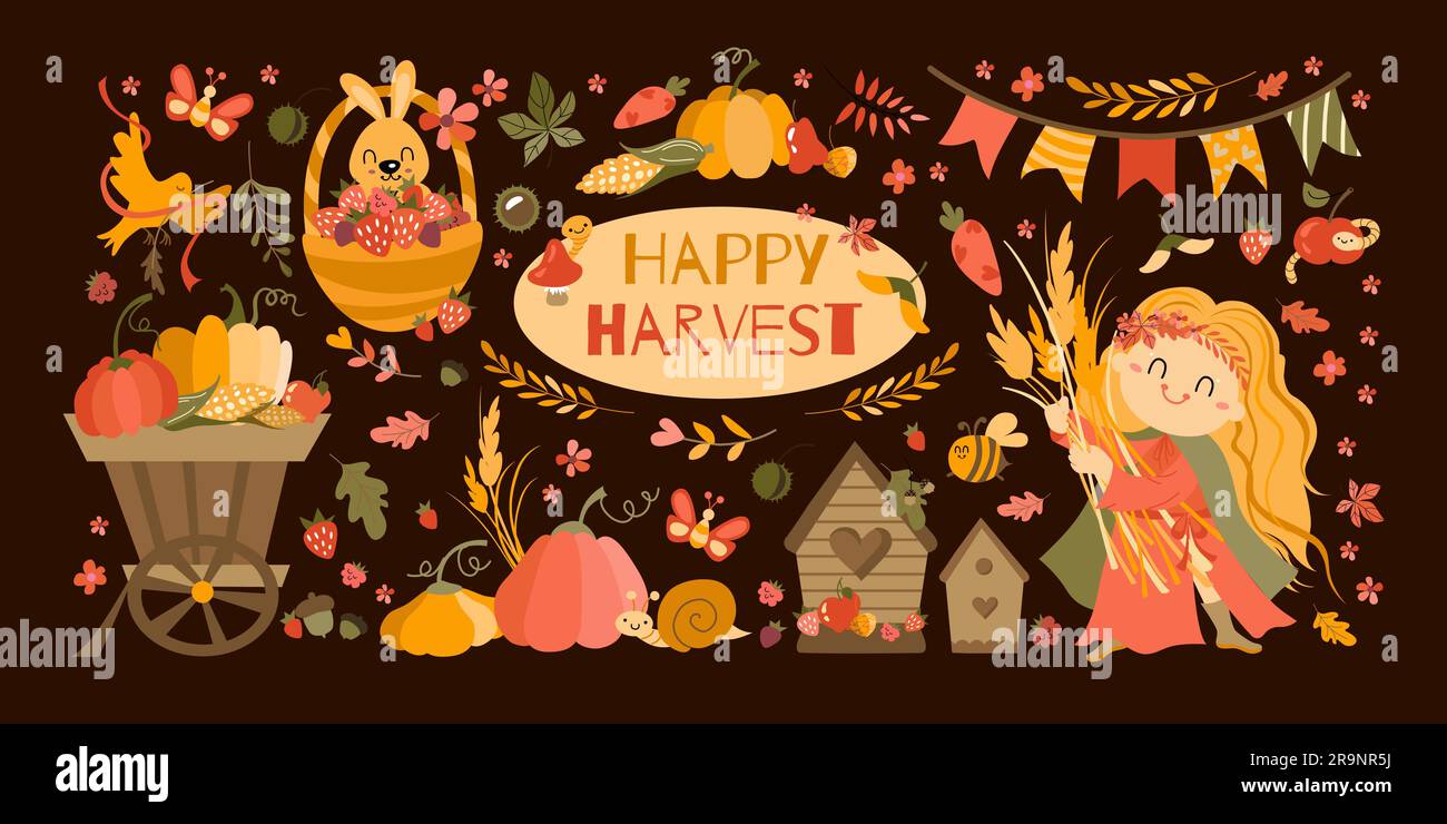 Harvest Festival Set. Hand drawn lettering phrase and Happy harvest ...