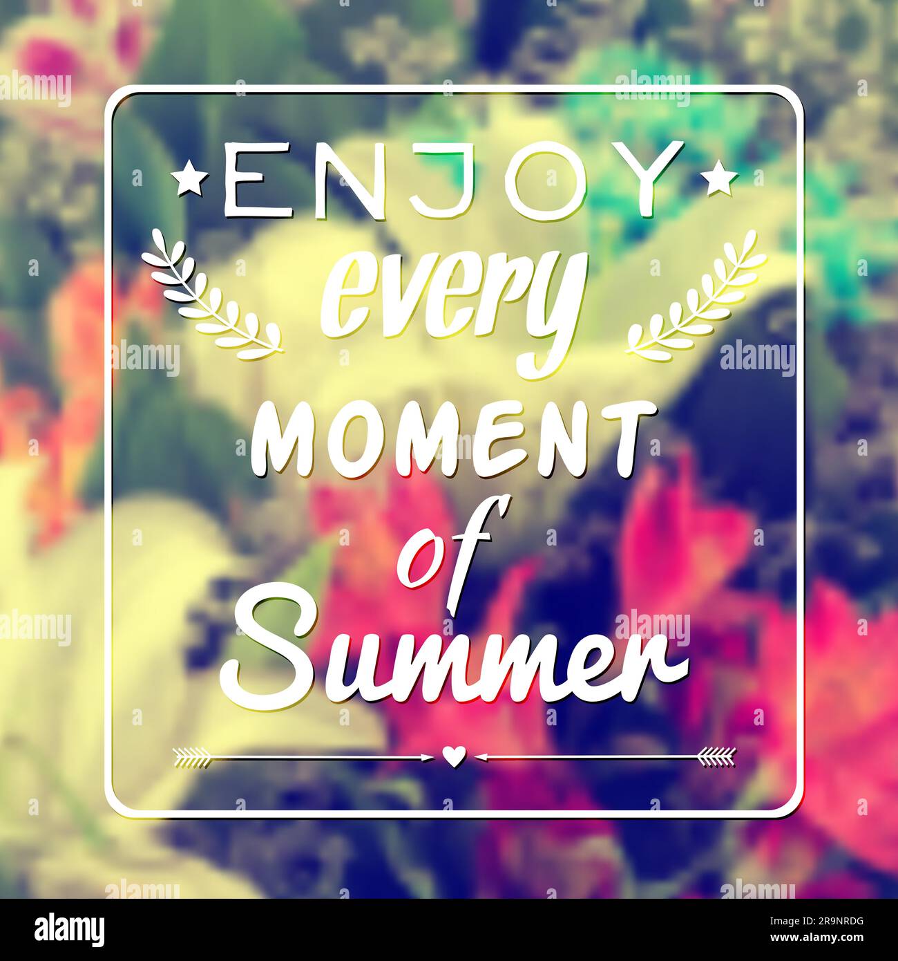 Vector background with blurred flowers, frame and text "Enjoy every ...