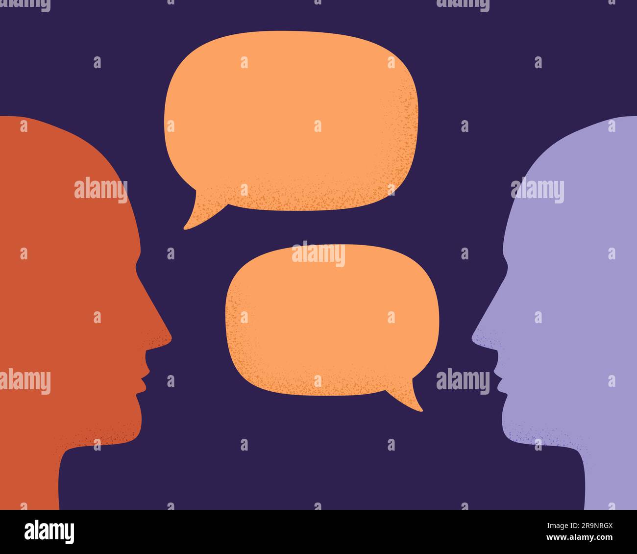 Vector illustration of two human heads silhouette talking through speech bubbles. Concept of ...