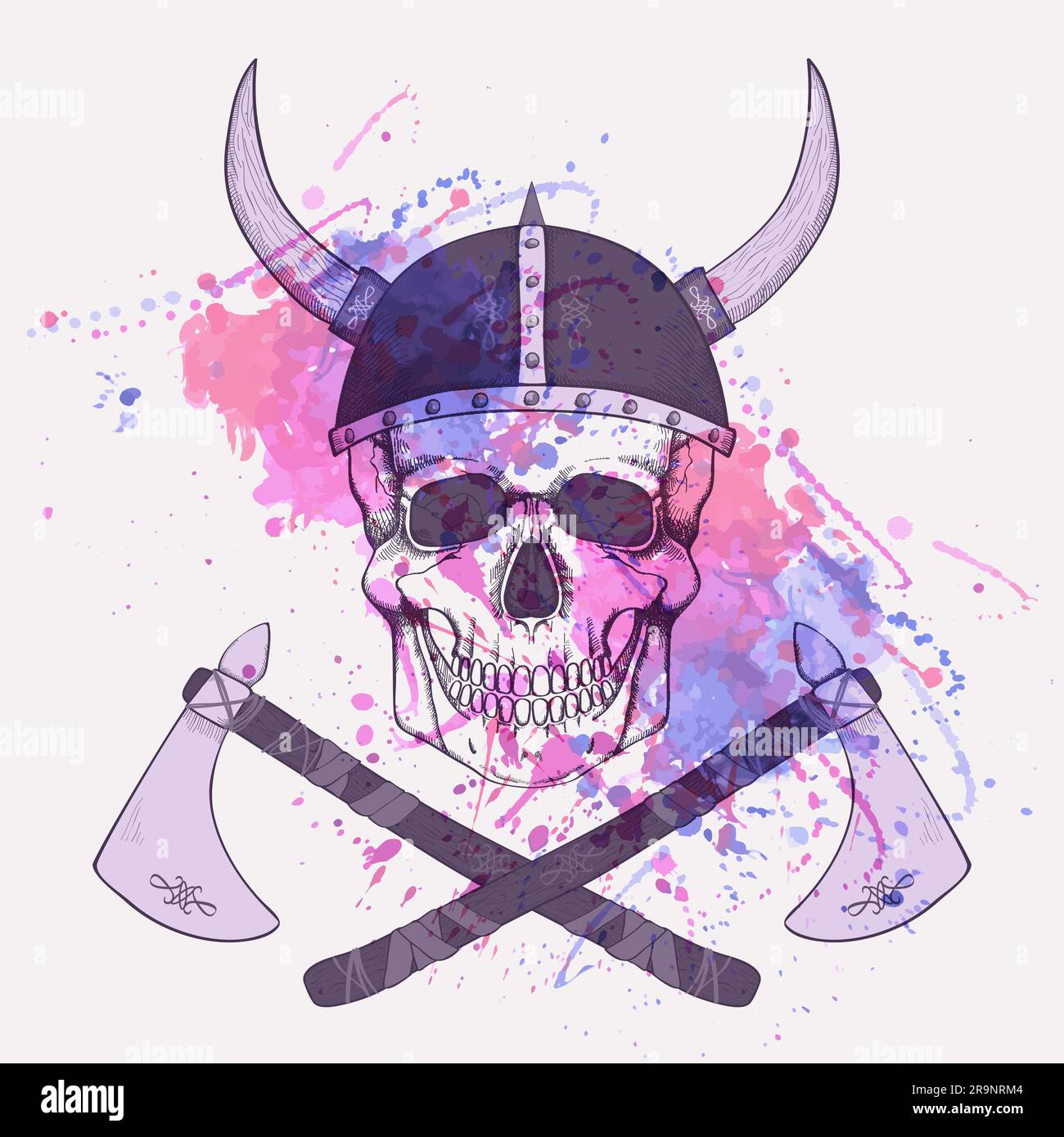 Vector illustration with watercolor splash, axes and human skull ...
