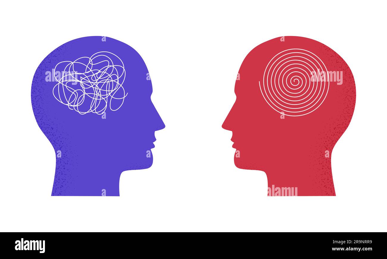 Vector illustration with two human heads with messy complicated line ...