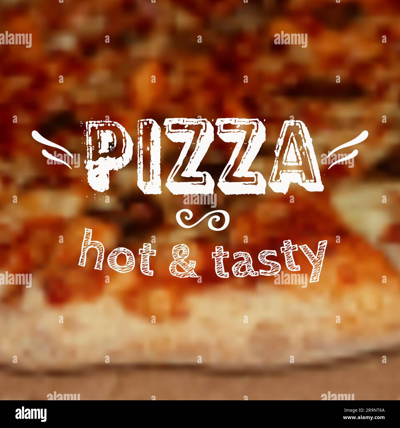 Vector illustration with blurred pizza background and label. Design ...