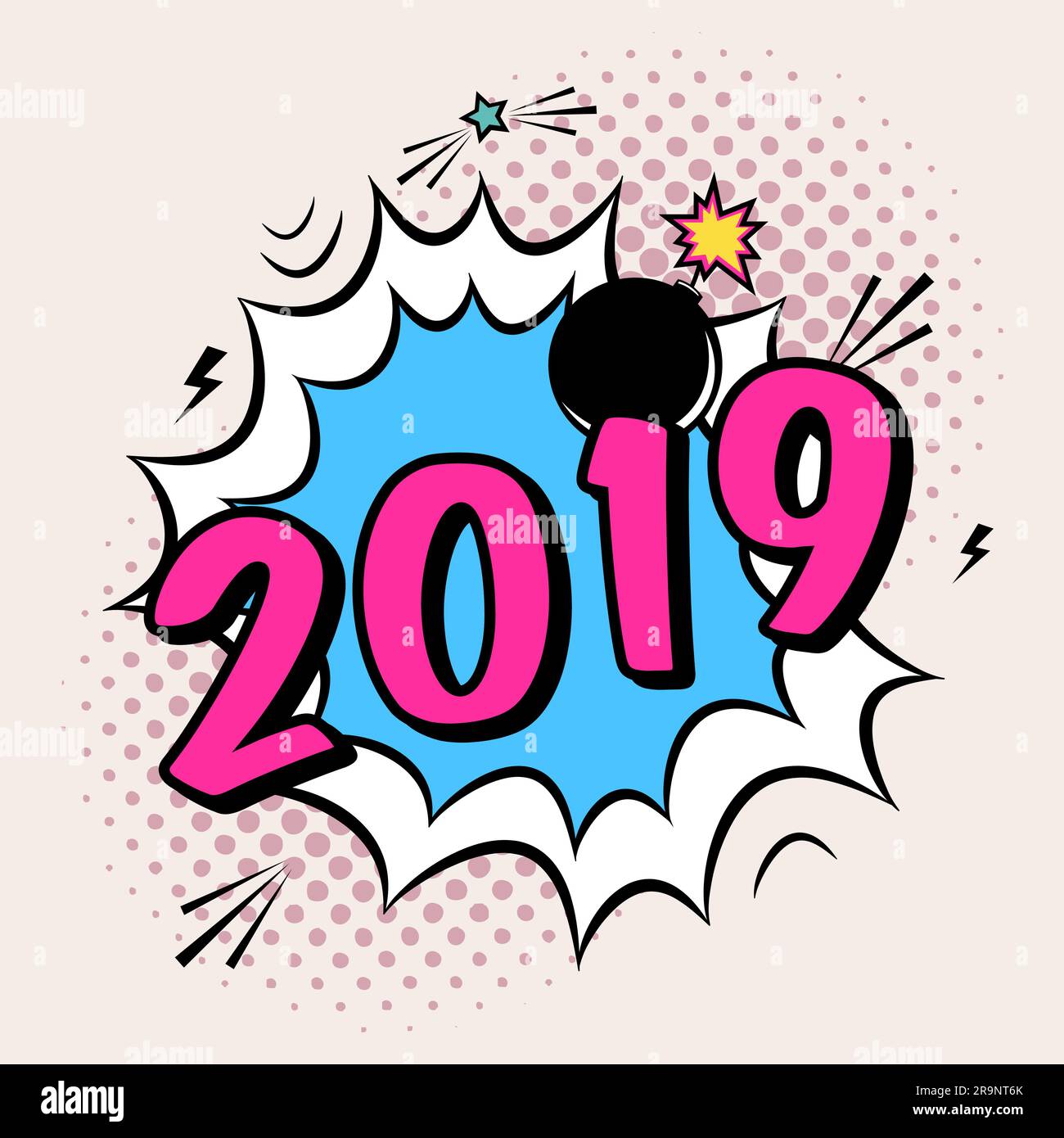 Vector colorful poster 2019 in pop art style with bomb explosive ...