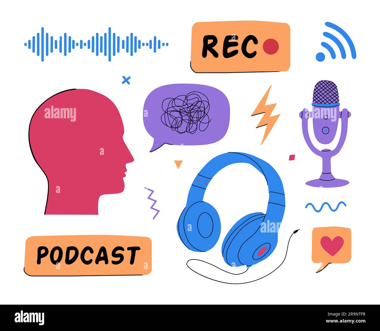 Vector set with podcast elements in doodle cartoon style isolated on ...