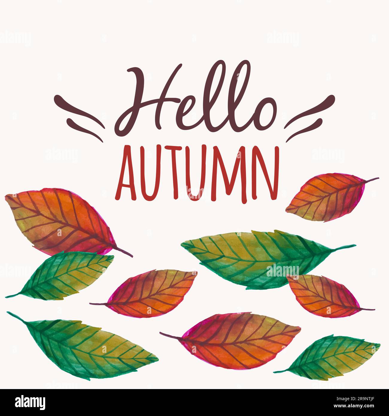 Vector illustration with autumn leaves and typography text "Hello ...