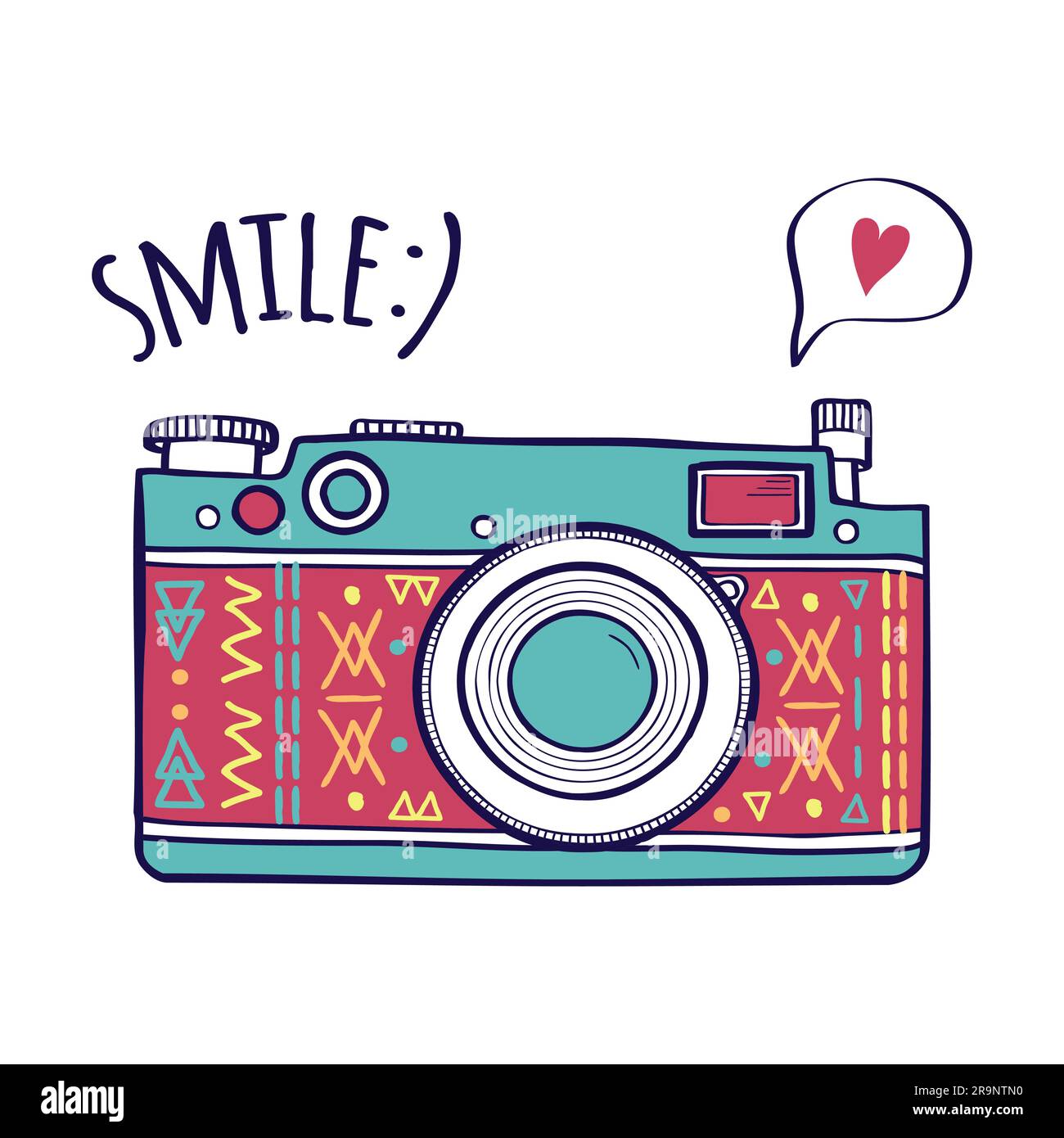 Vector illustration with cute retro photo camera, typography phrase ...