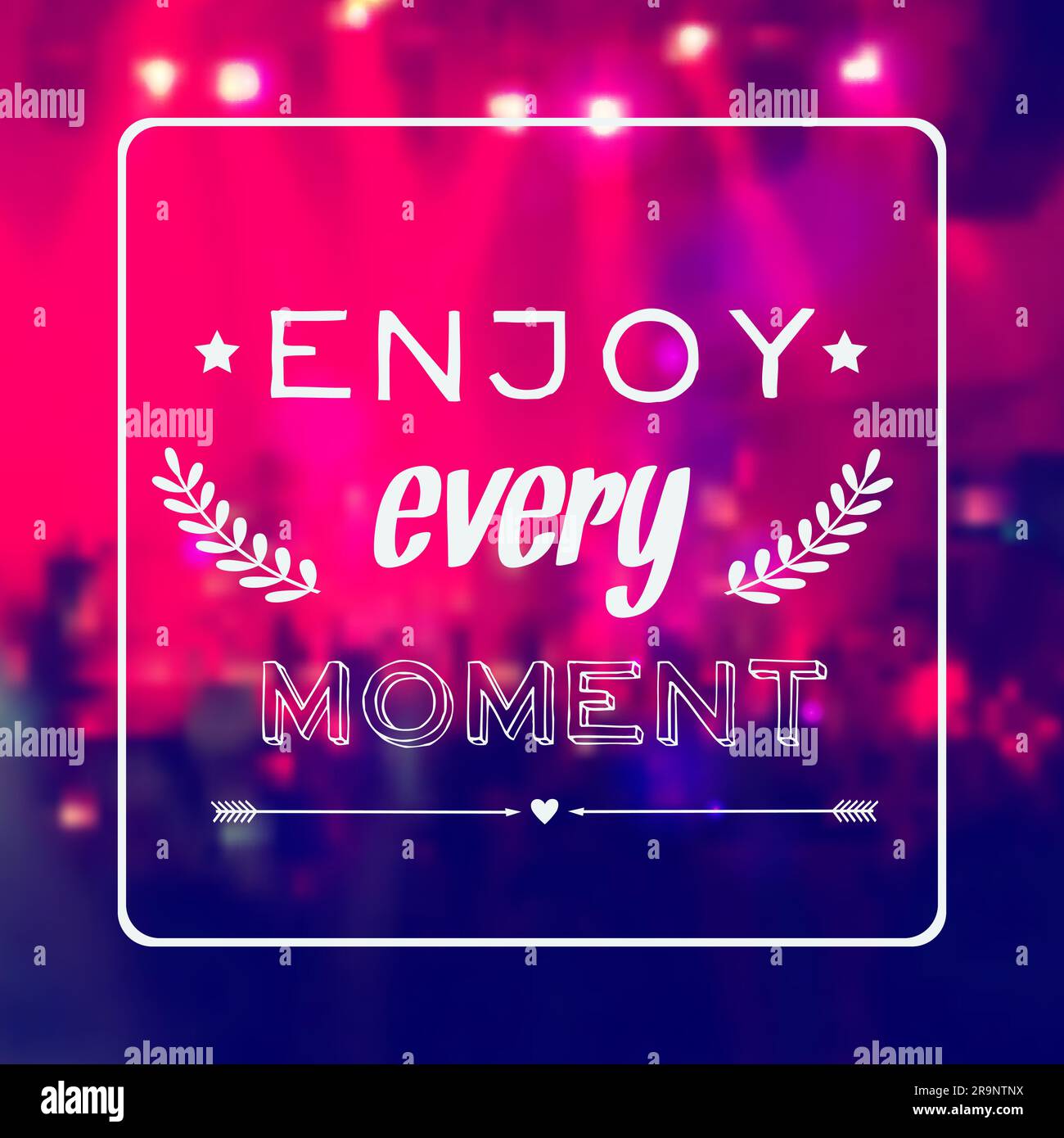 Vector motivational card "Enjoy every moment". Blurred background with ...