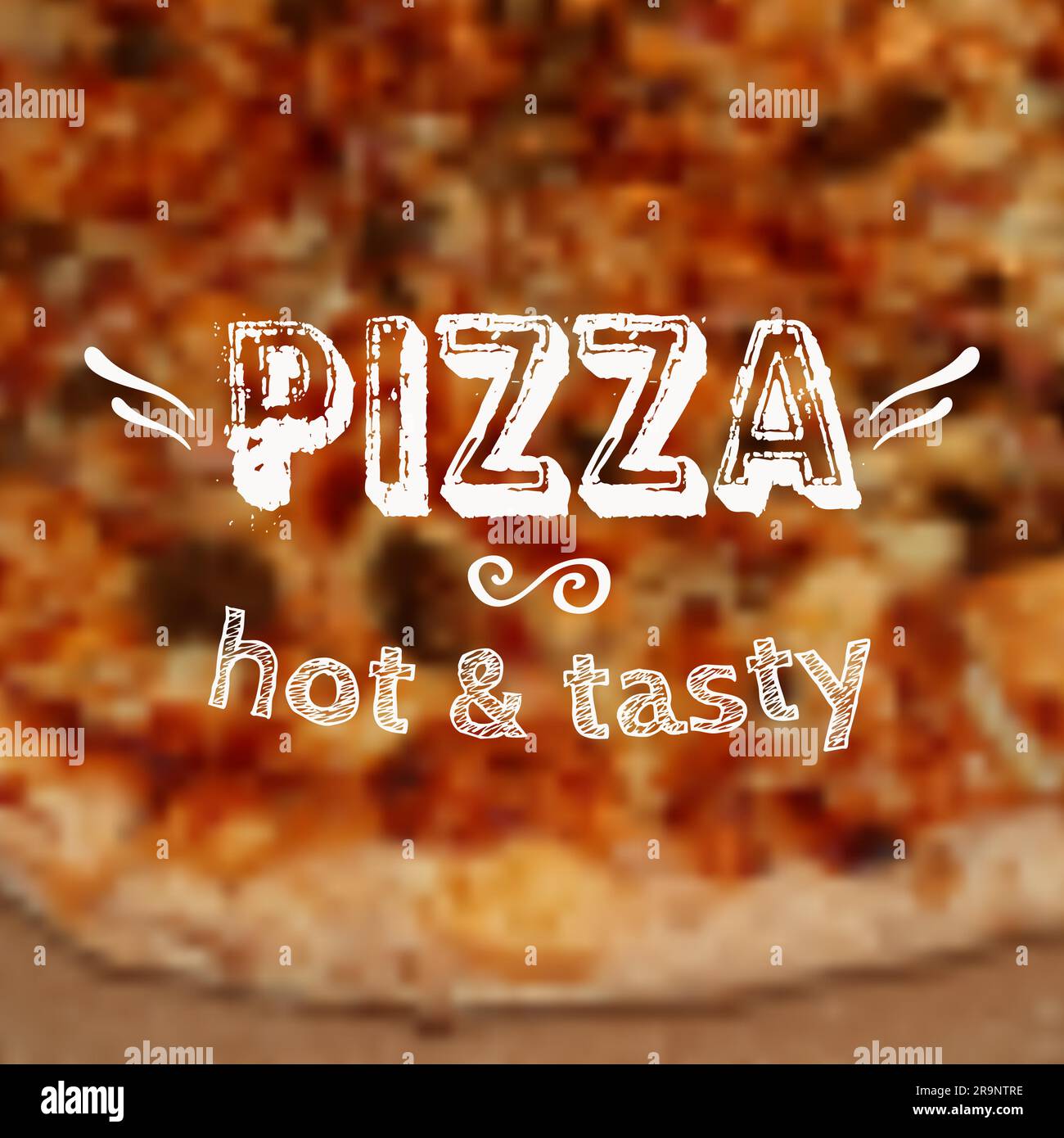 Vector illustration with blurred pizza background and label. Design ...