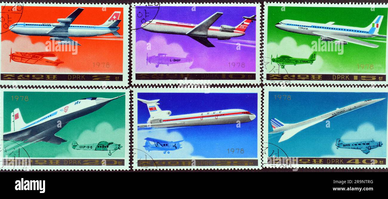 Cancelled postage stamps printed by North Korea, that show Passenger ...