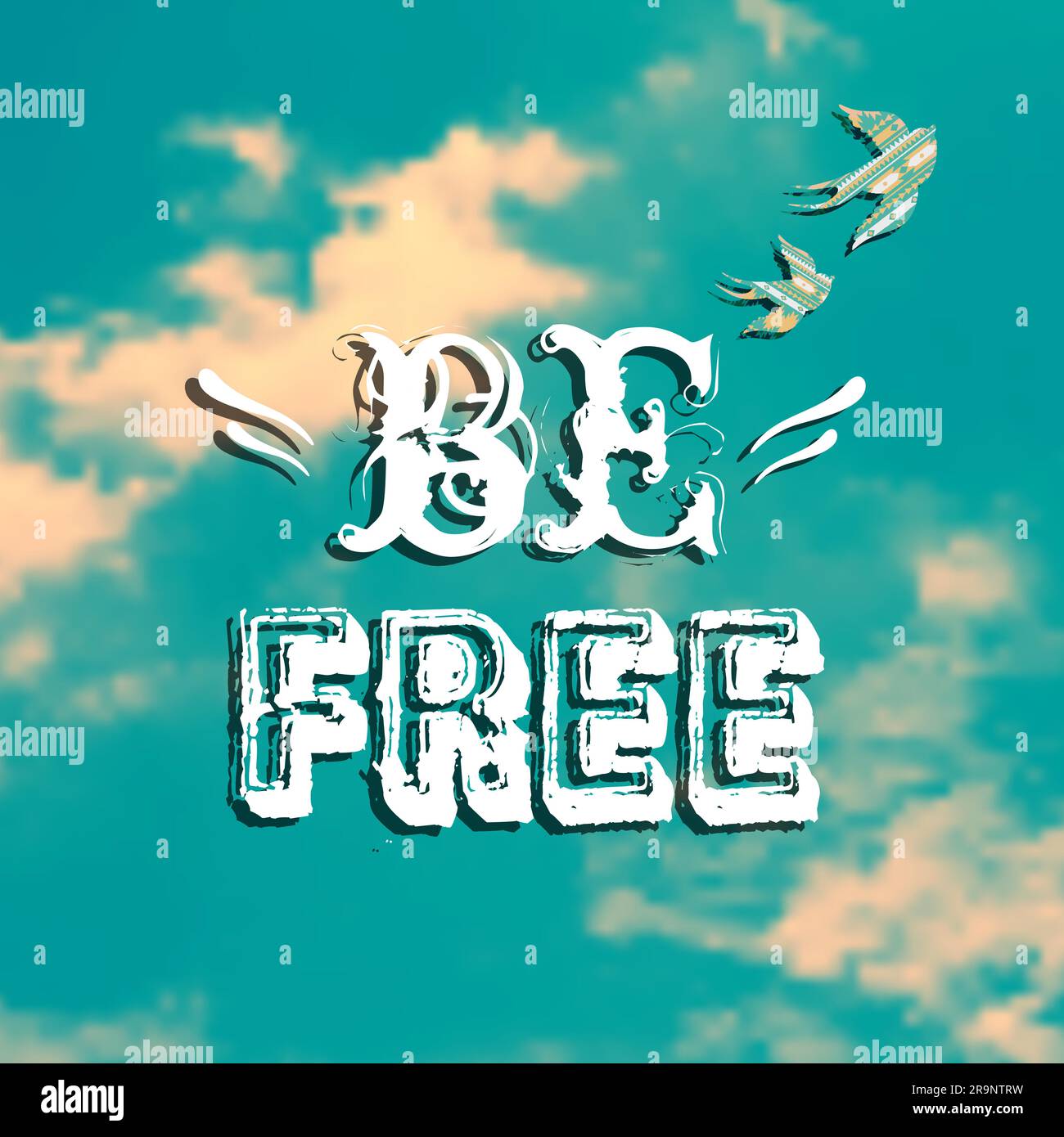 Vector illustration with blue sky, swallows and phrase "Be free Stock ...