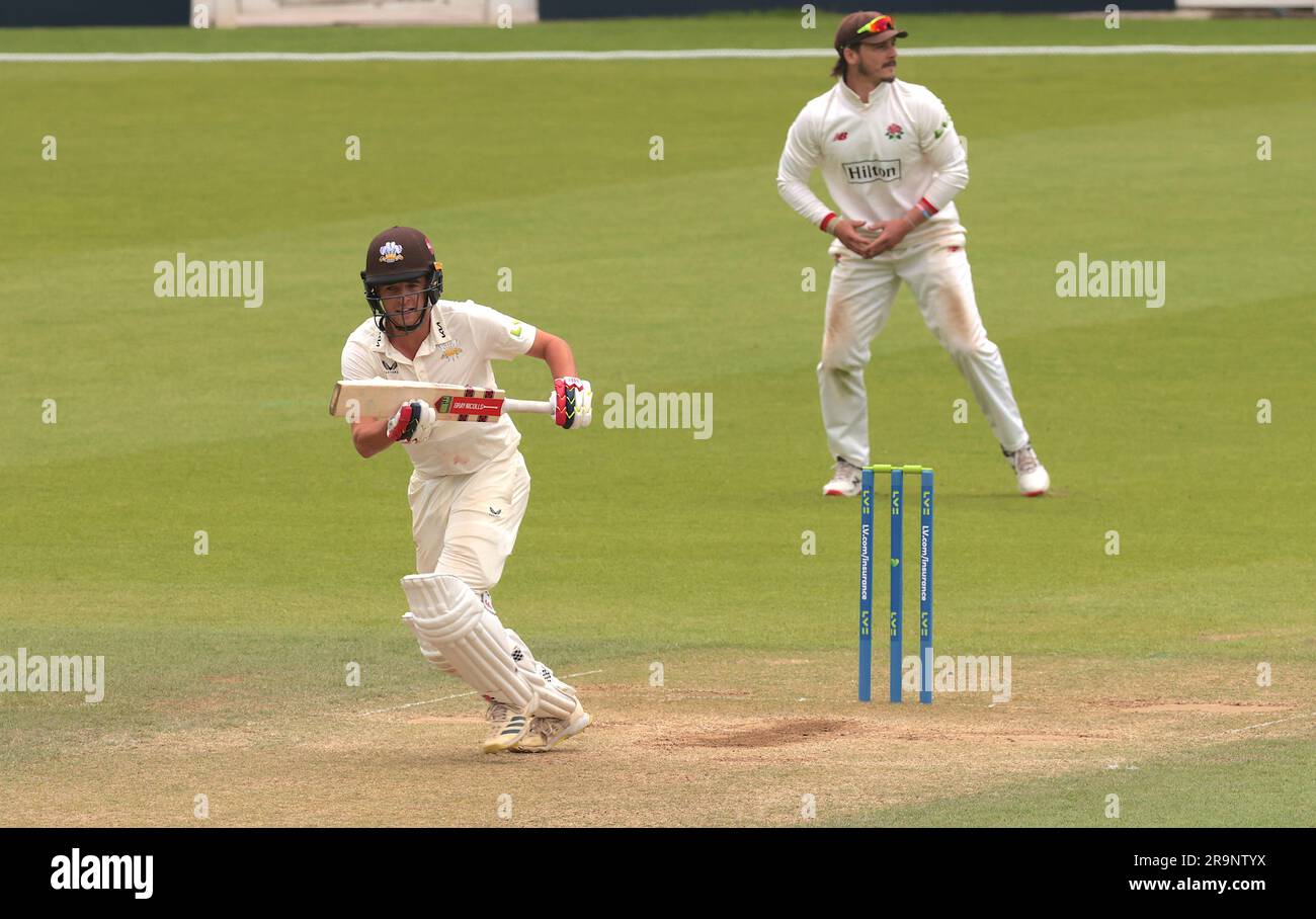 London, UK. 28th June, 2023. Surrey's Tom Lawes batting as Surrey take ...