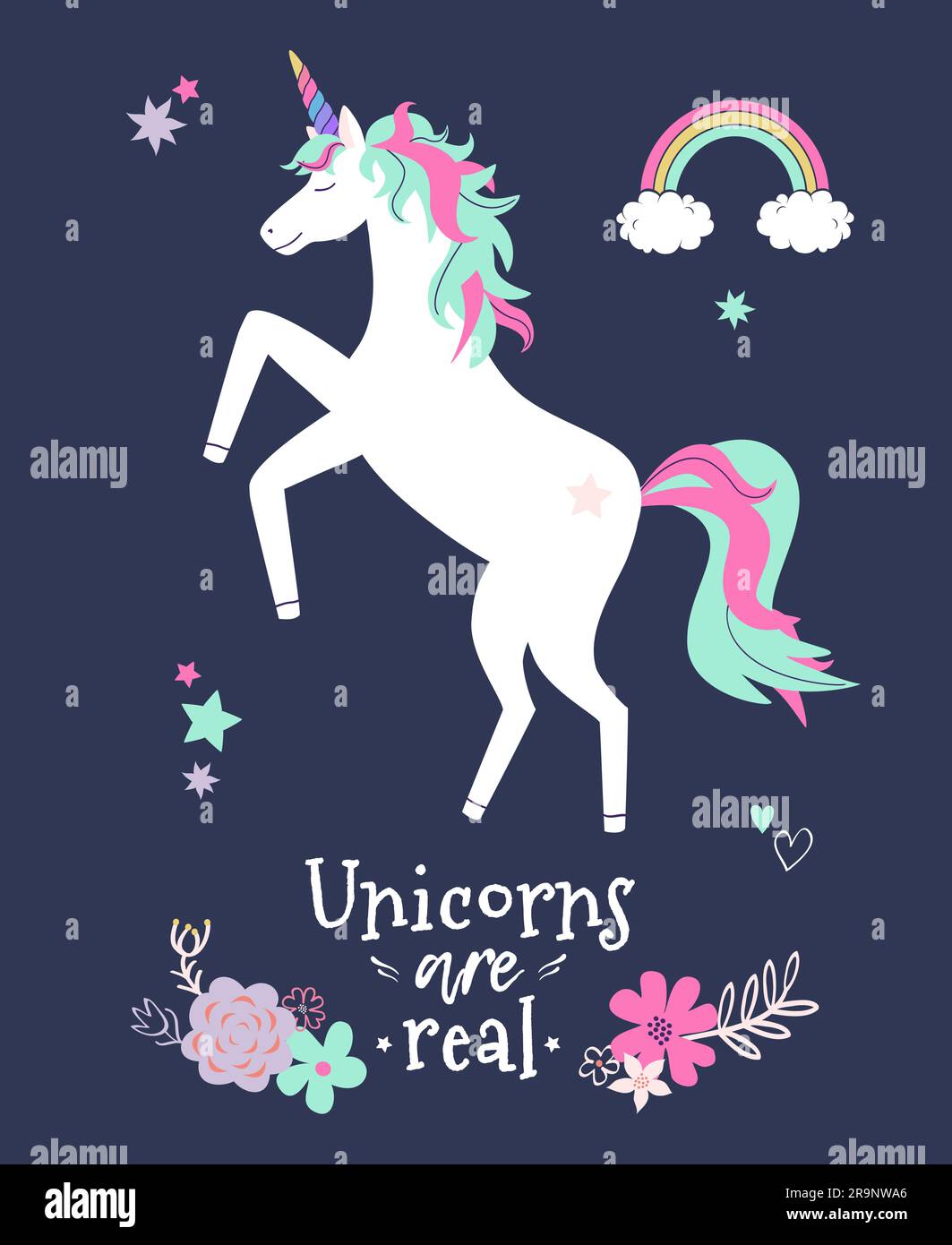 Vector cute illustration of unicorn with flowers and rainbow. Modern ...