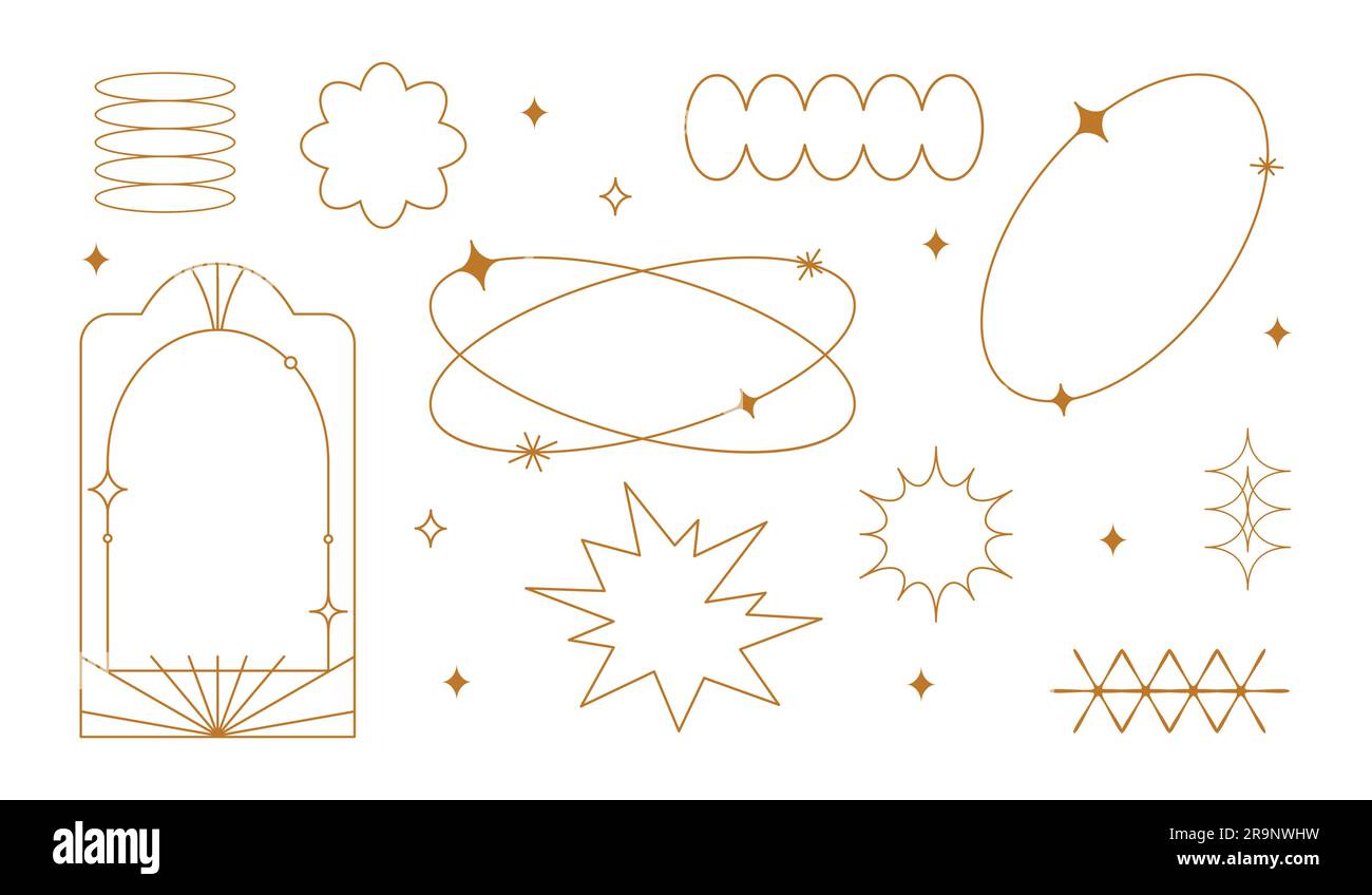 Vector set of linear minimalistic aesthetic frames, borders, geometric shapes with stars in boho ...