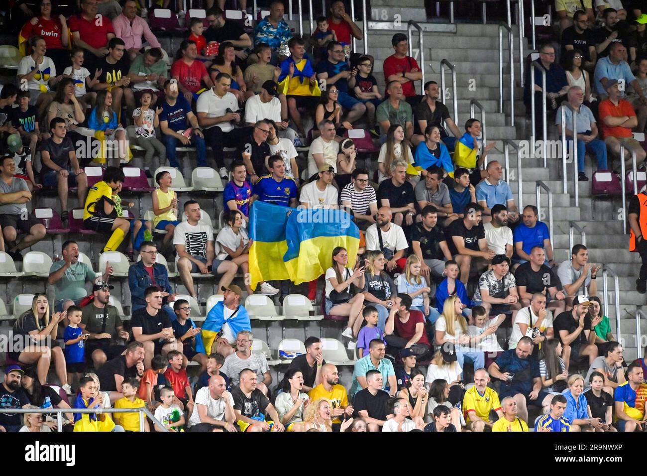 BUCHAREST, ROMANIA - JUNE 27, 2023 - Fans of Ukraine are seen on the ...