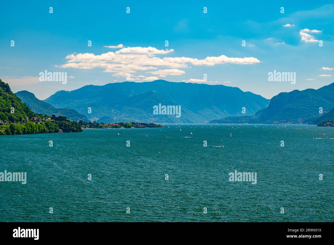 A view of Lake Como from Dorio, looking south, Bellagio, the mountains ...