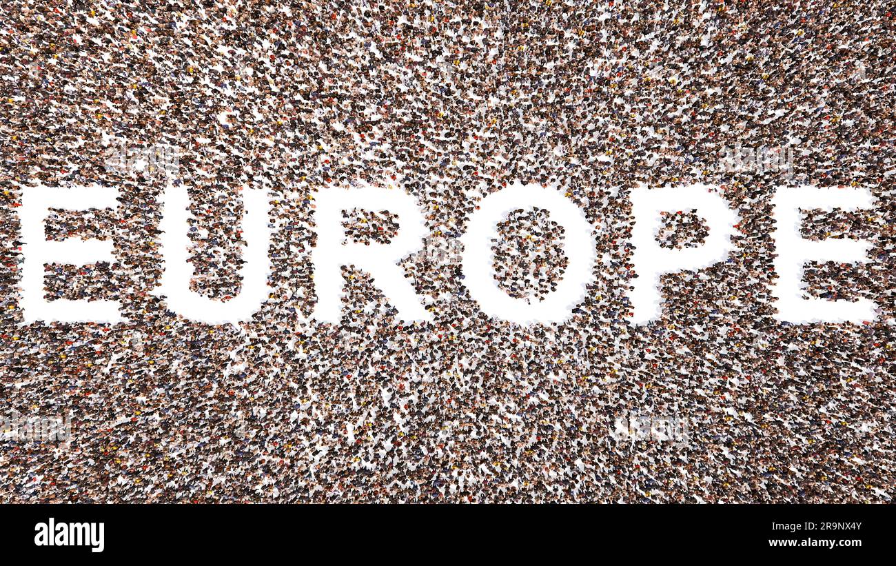 Concept or conceptual large community of people forming EUROPE word. 3d ...