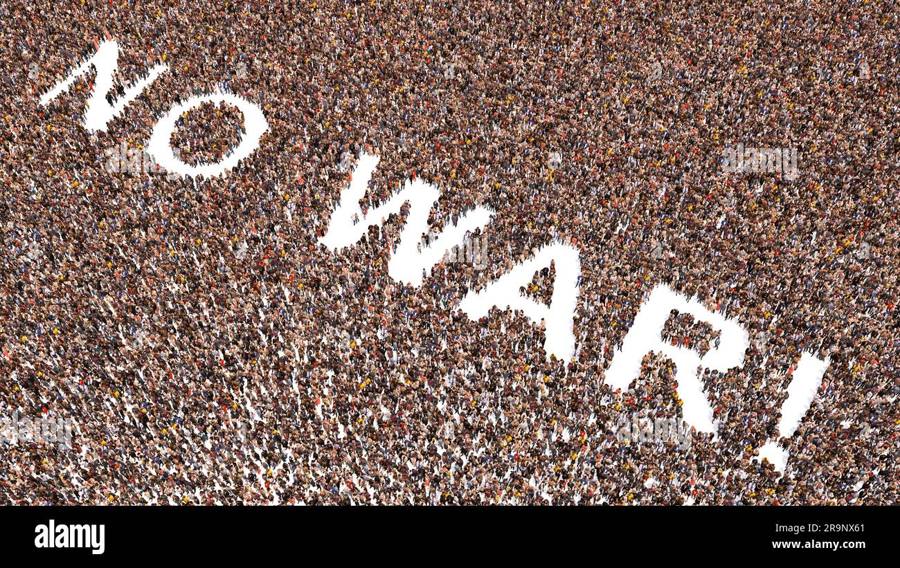 Concept conceptual large community of people forming NO WAR message. 3d ...