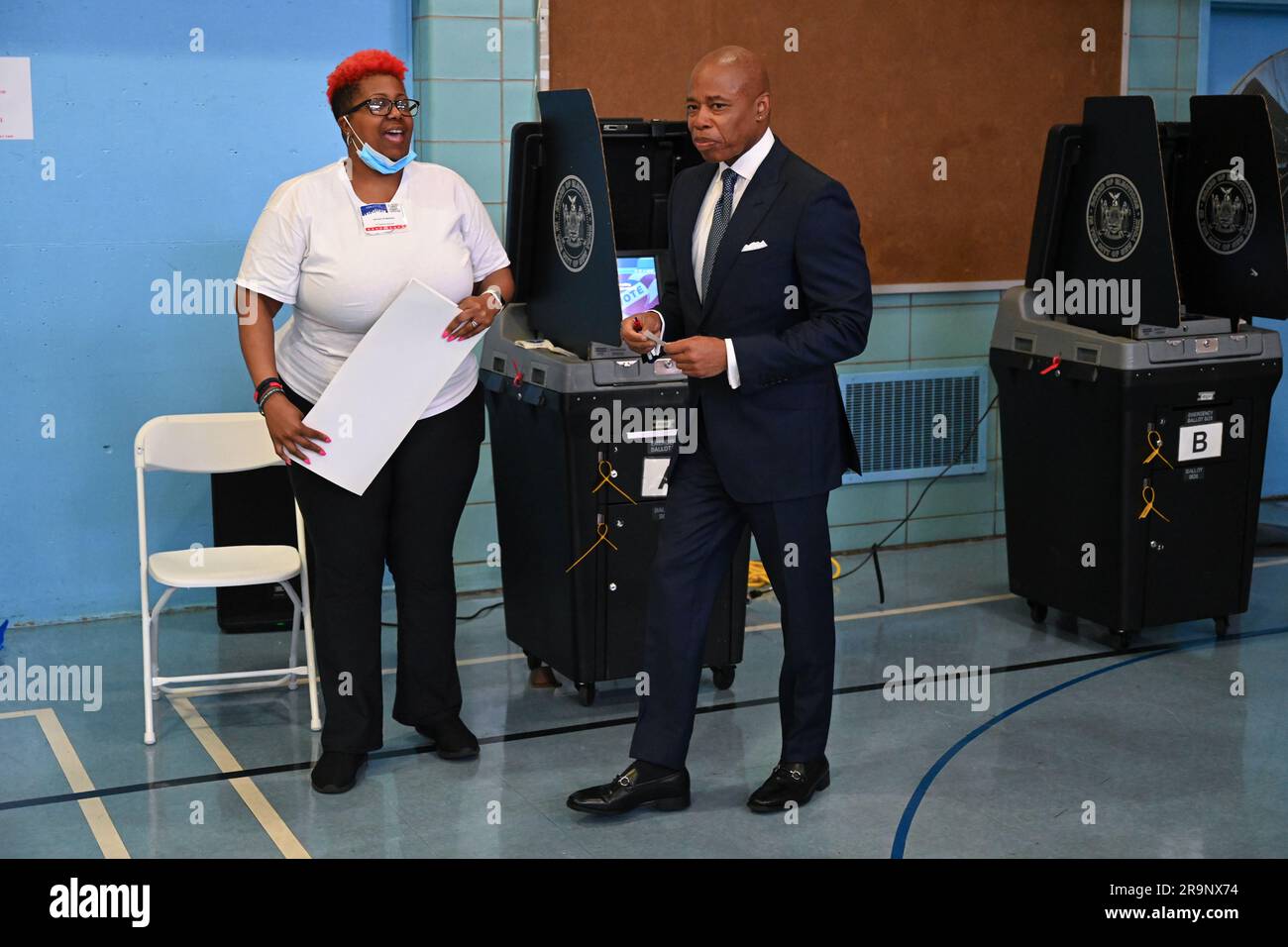 Mayor Eric Adams votes in the 2023 New York City primary election at PS ...