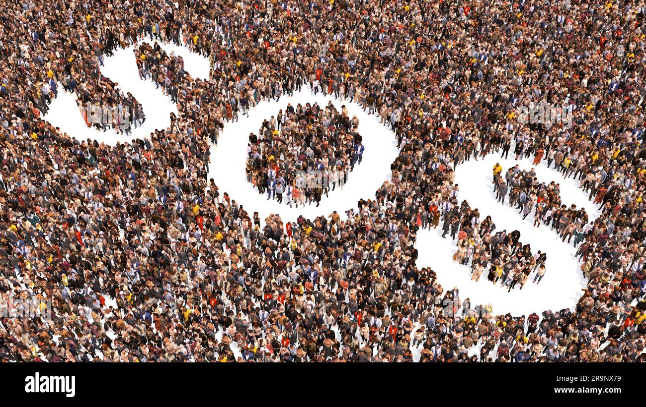 Concept conceptual large community of people forming SOS message. 3d ...