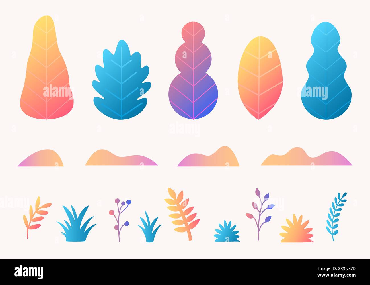 Vector set with trees, leaves, grass in trendy flat style design ...