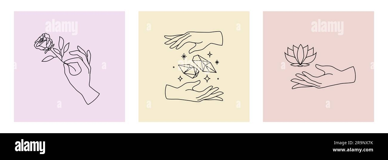 Vector set of female hand logos, icons in minimal linear style. Emblem ...