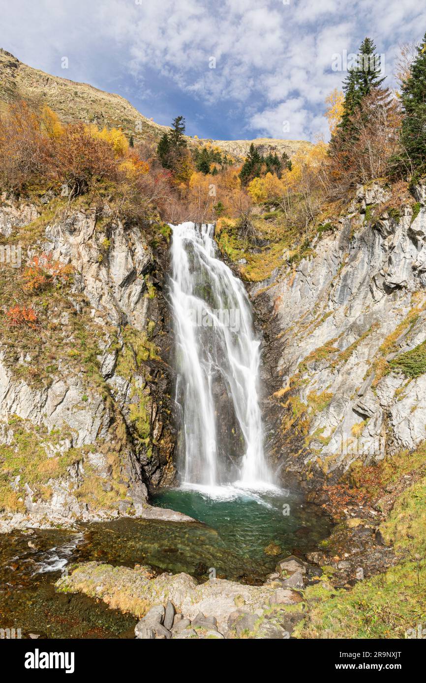 Salt del Pish waterfall, Varrados valley, Aran valley, Lleida, Spain ...