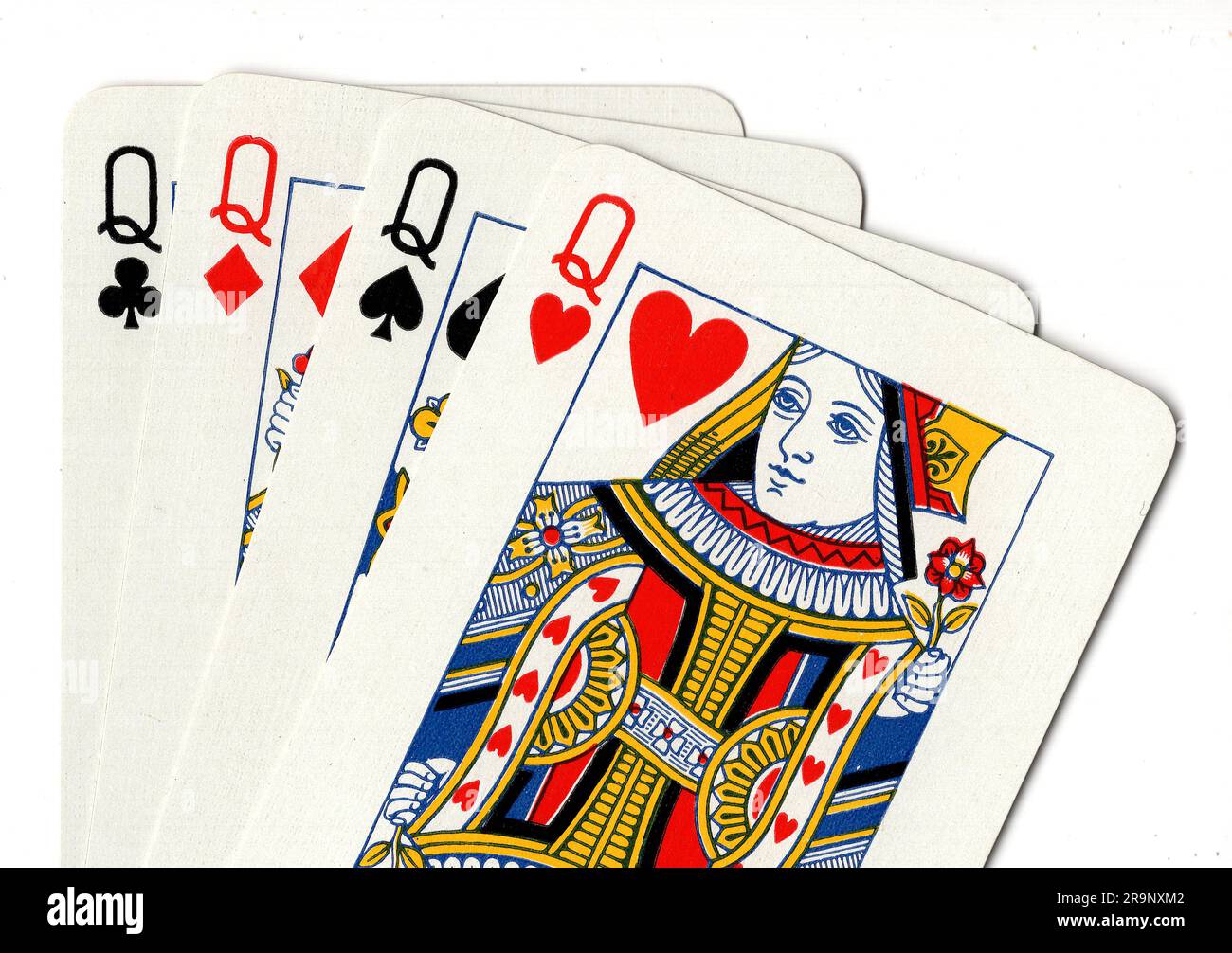 Vintage playing cards showing four queens on a white background Stock ...