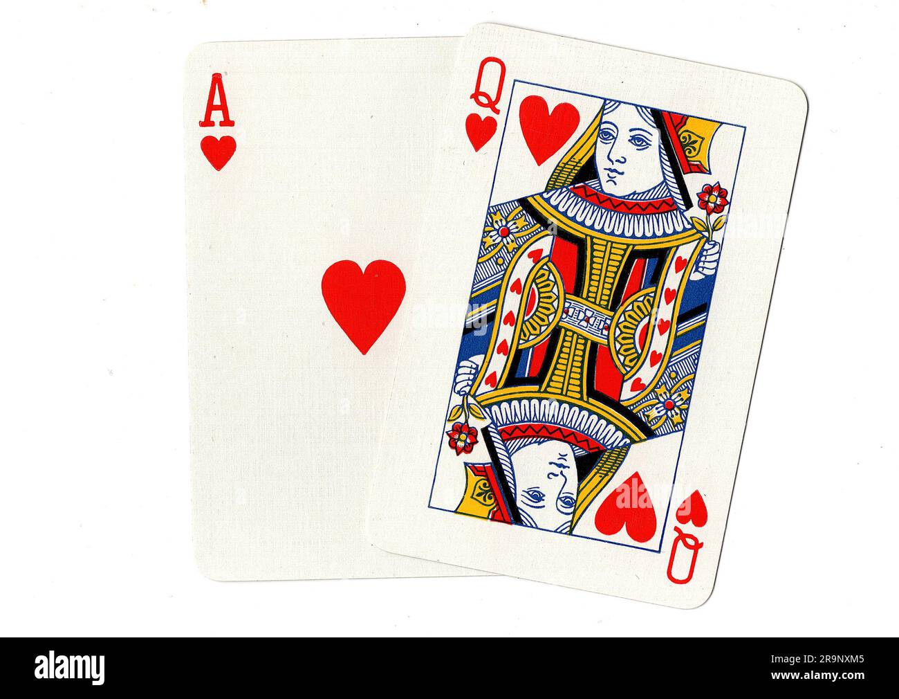 Vintage playing cards showing an ace of hearts and a queen of hearts on ...