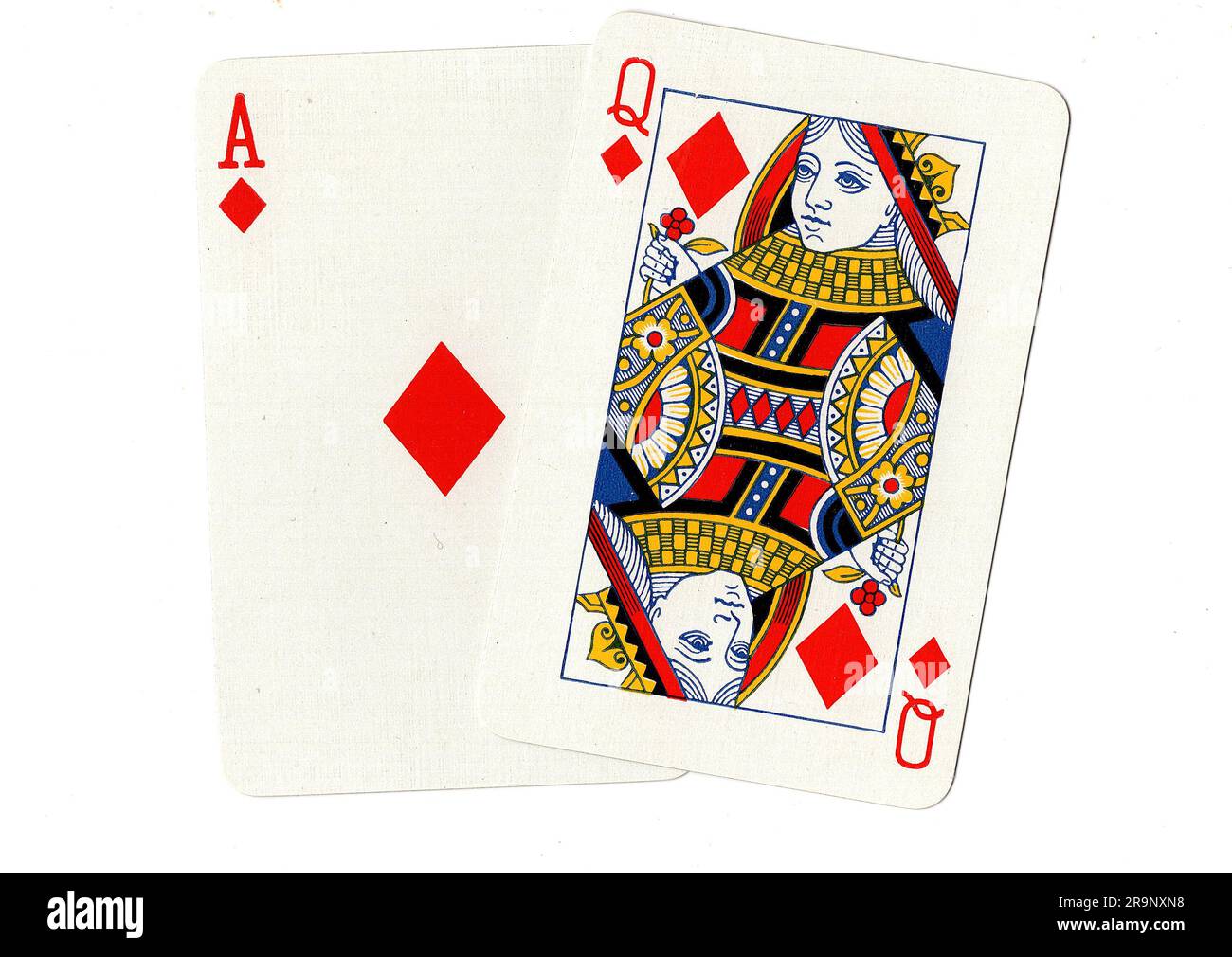 Vintage playing cards showing an ace of diamonds and a queen of ...