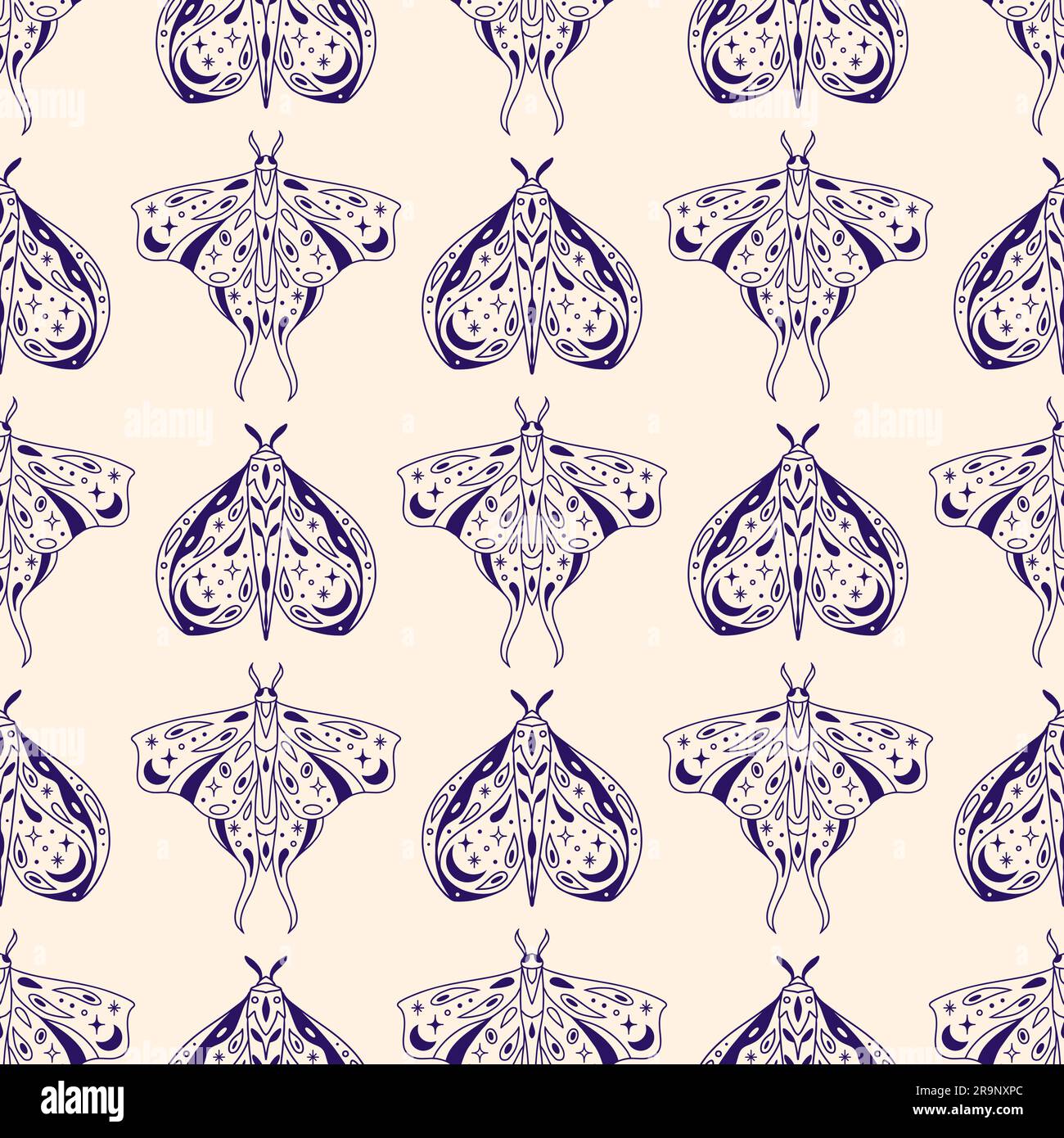 Vector magic celestial seamless pattern with moon, stars and mystic moths. Boho abstract ...