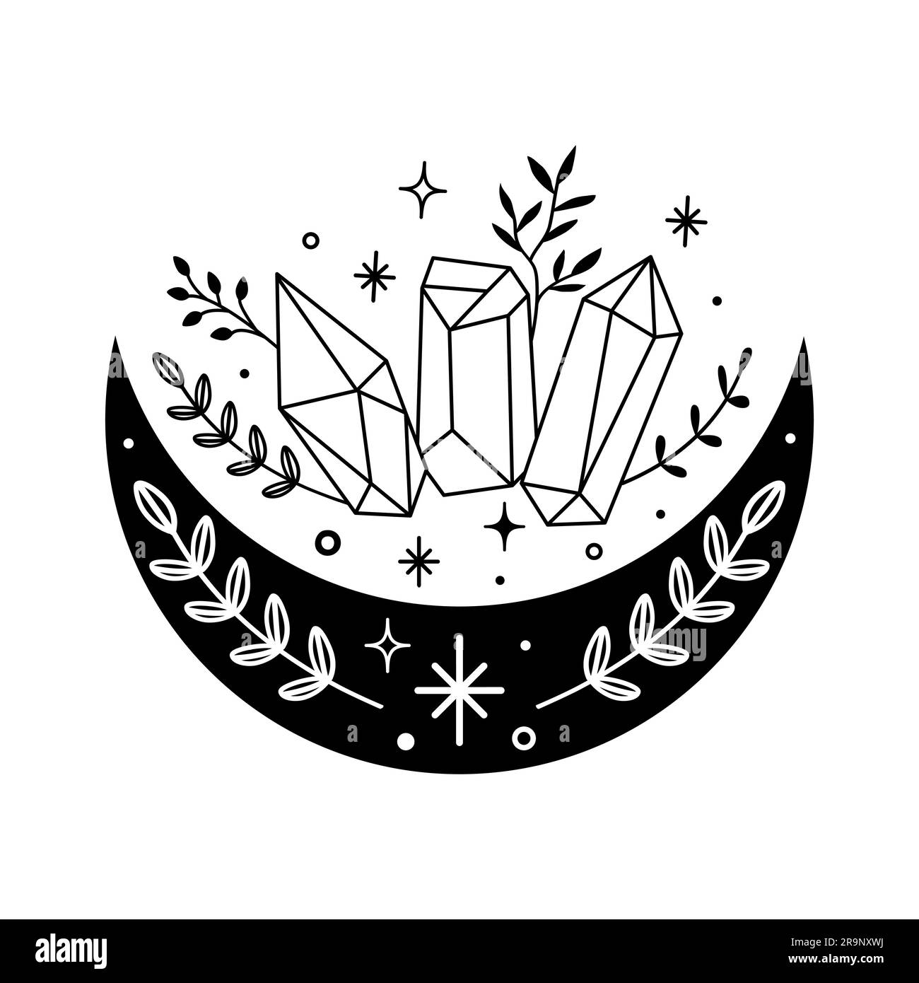 Vector abstract magic illustration with celestial crystals, moon, stars ...