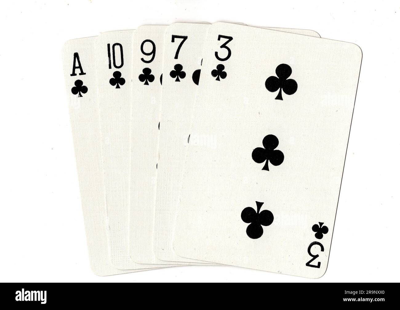 Playing cards in a poker hand showing a flush of clubs on a white ...