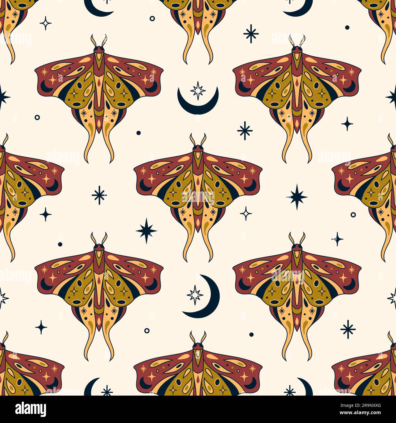 Vector magic celestial seamless pattern with moon, stars and mystic moths. Boho abstract ...