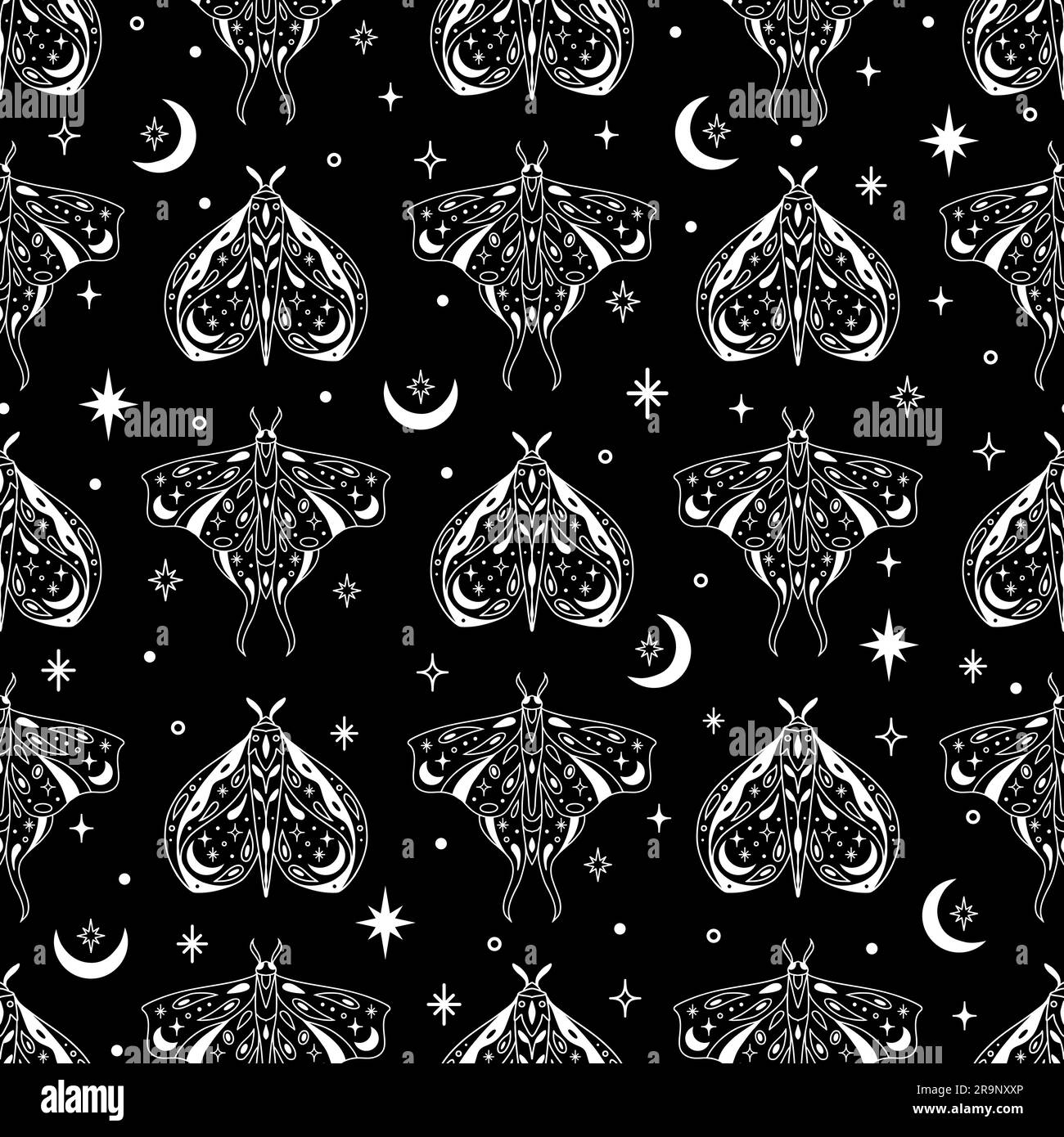 Vector magic celestial seamless pattern with moon, stars and mystic moths. Boho abstract ...