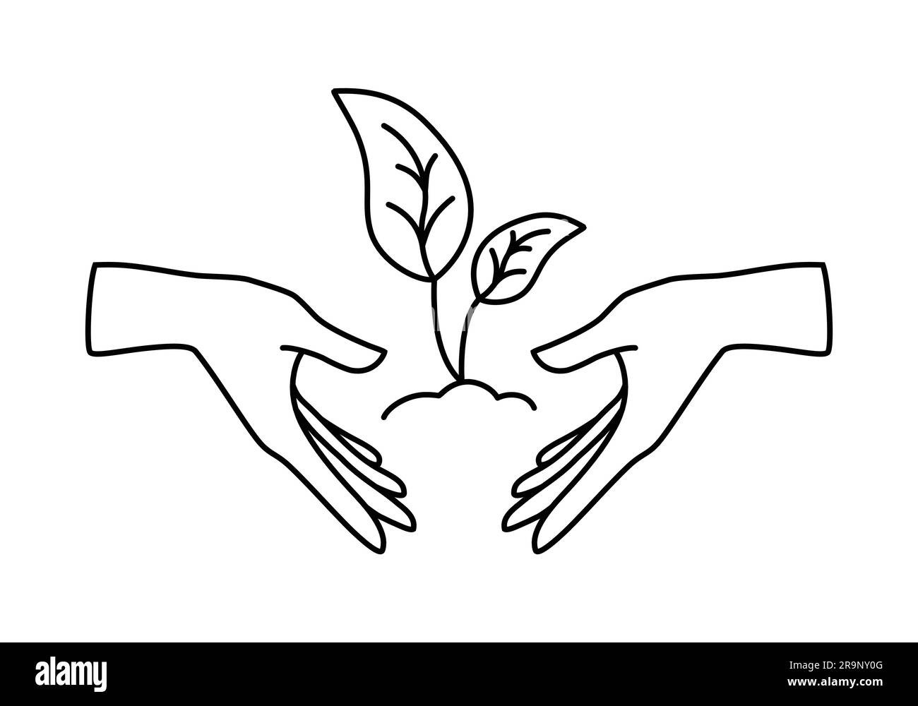 Vector linear icon - human hand holding growing plant isolated on white ...